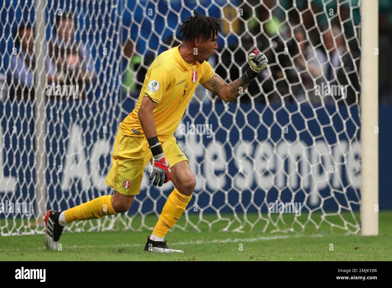 Peru's goalkeeper Pedro Gallese celebrates after blocking a penalty ...