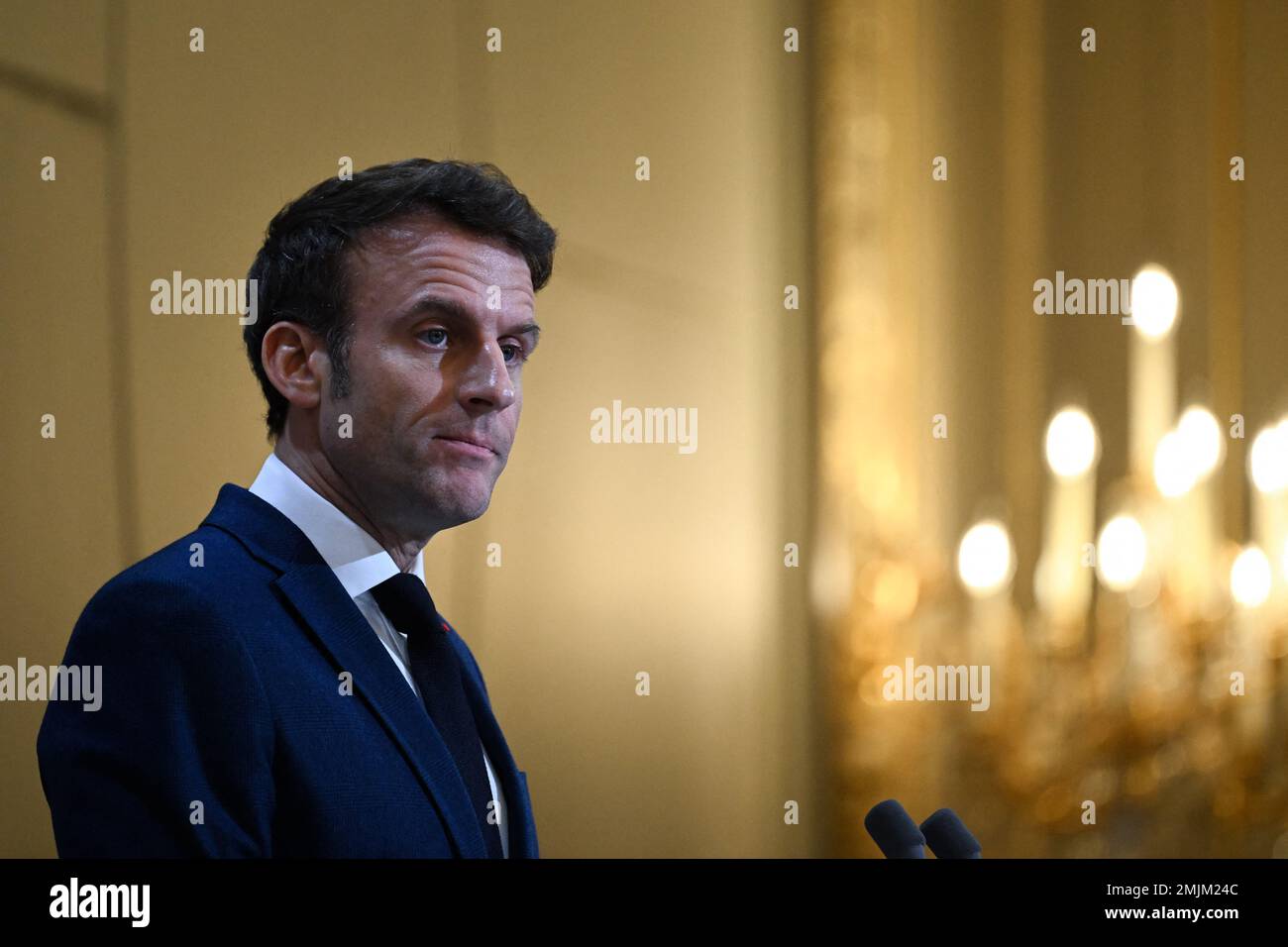 President Emmanuel Macron delivers a speech during a ceremony with ...