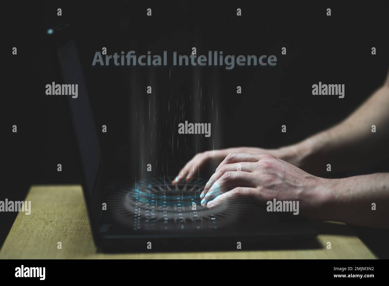 Artificial intelligence hologram on PC keyboard. AI versus Human being concept Stock Photo - Alamy