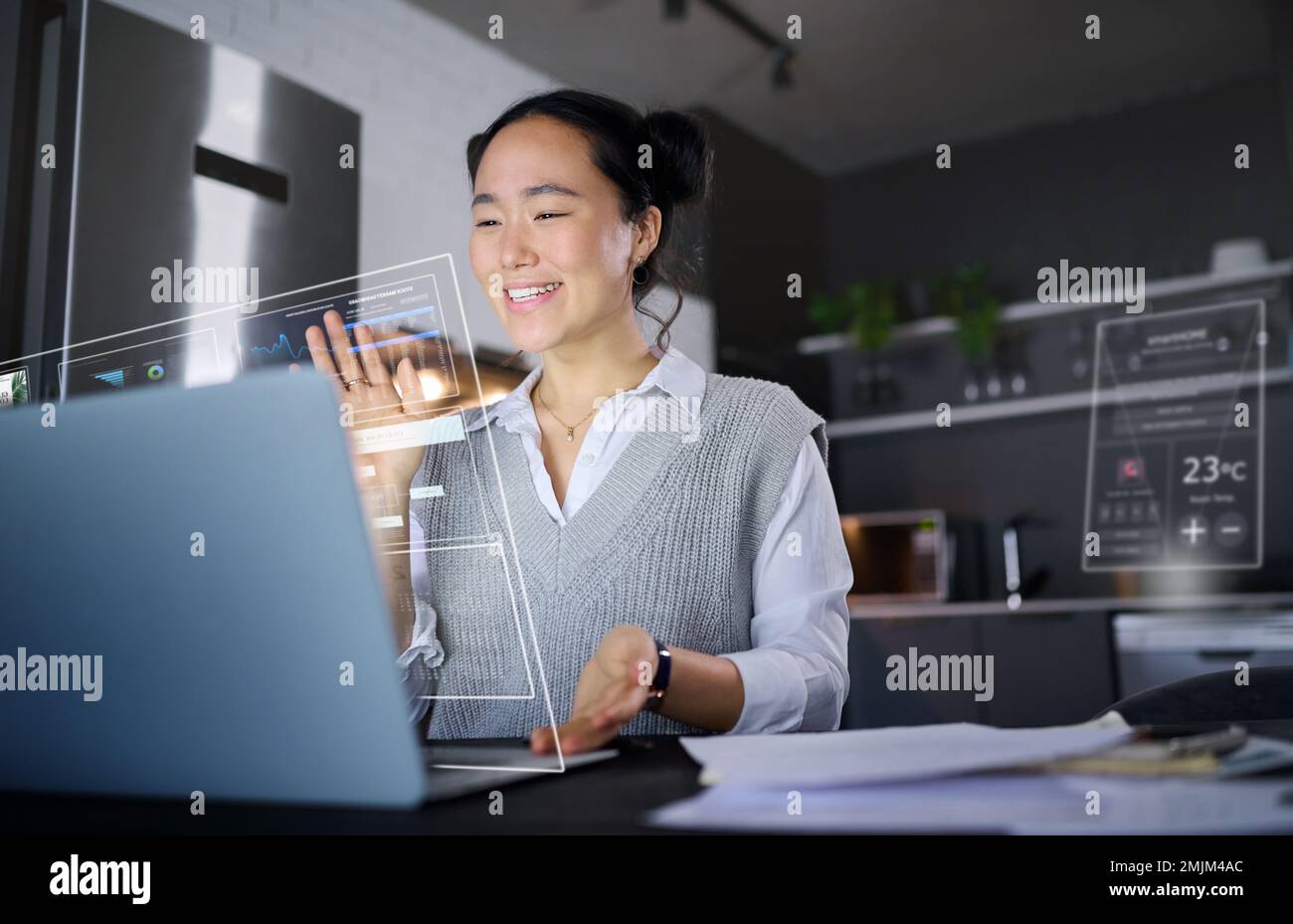 Computer overlay, futuristic data and ai hologram with a asian woman ...