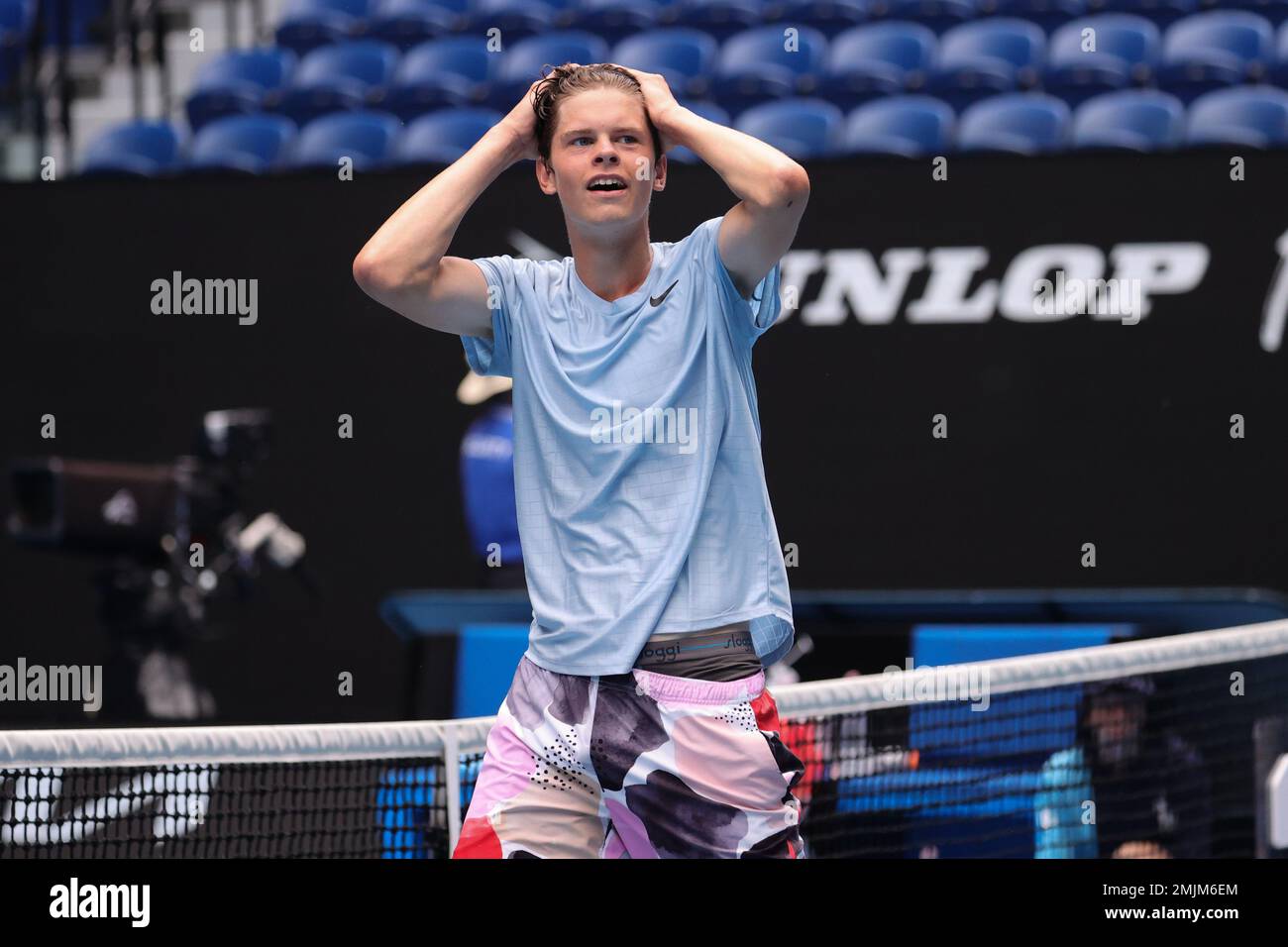 Alexander Blockx of Belgium reacts after defeating Learner Tien of, USA ...