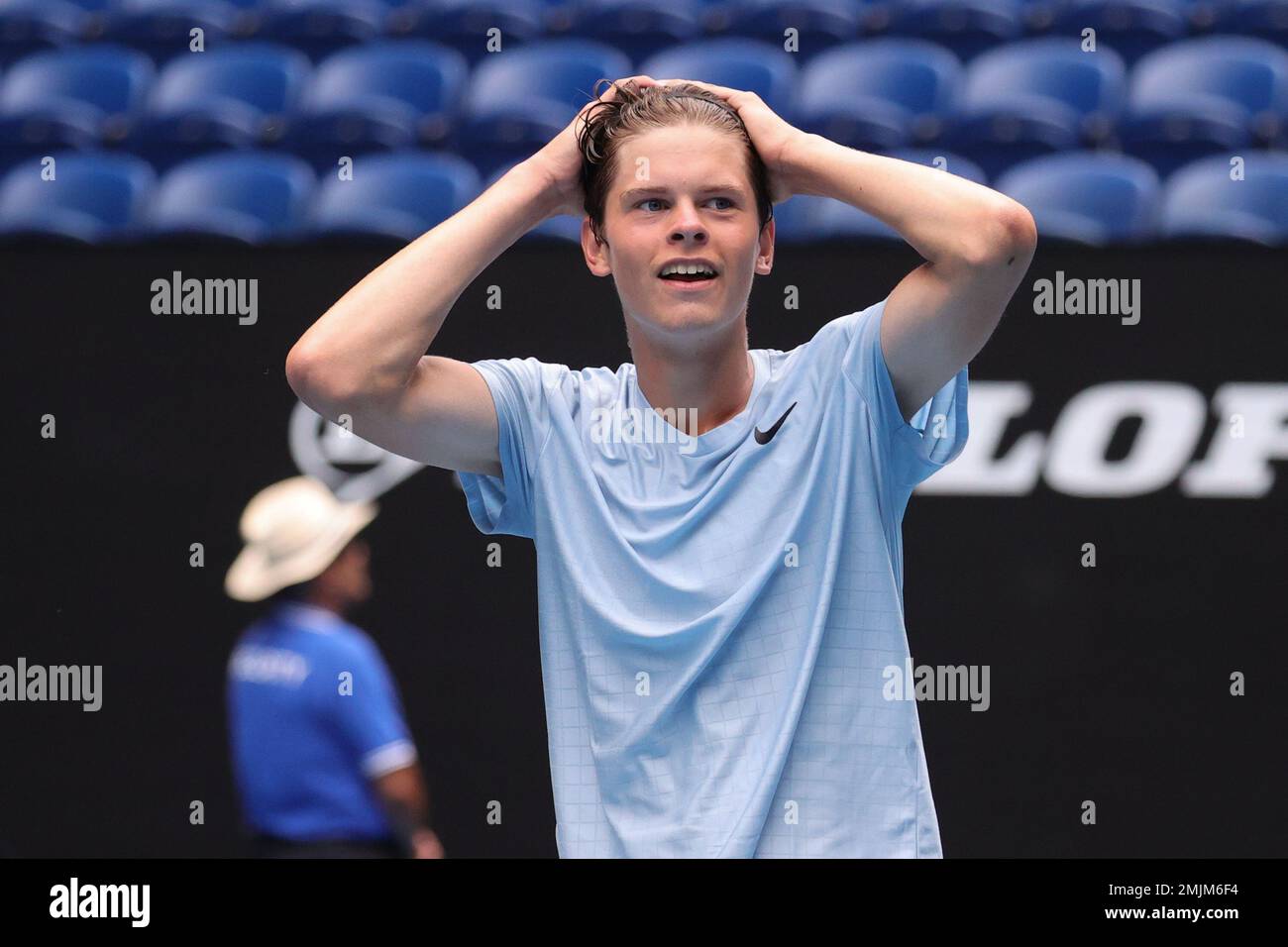 Alexander Blockx of Belgium reacts after defeating Learner Tien of, USA ...