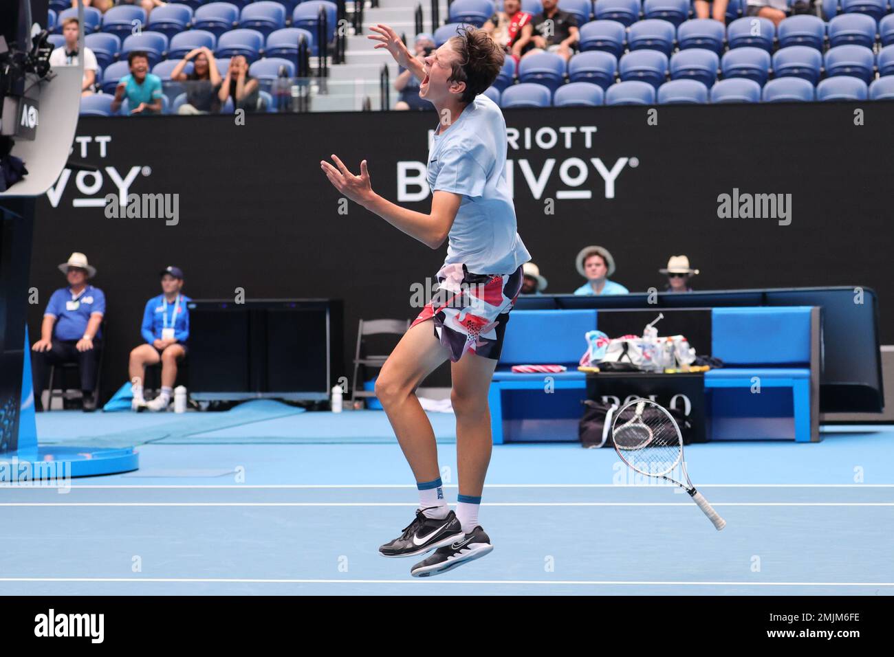 Alexander Blockx of Belgium reacts after defeating Learner Tien of, USA ...