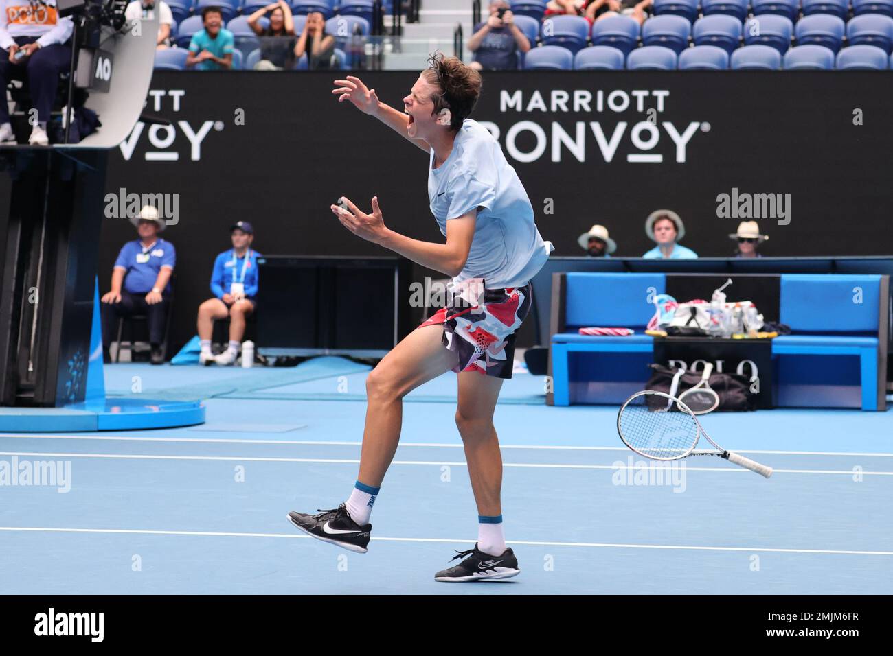 Alexander Blockx of Belgium reacts after defeating Learner Tien of, USA ...