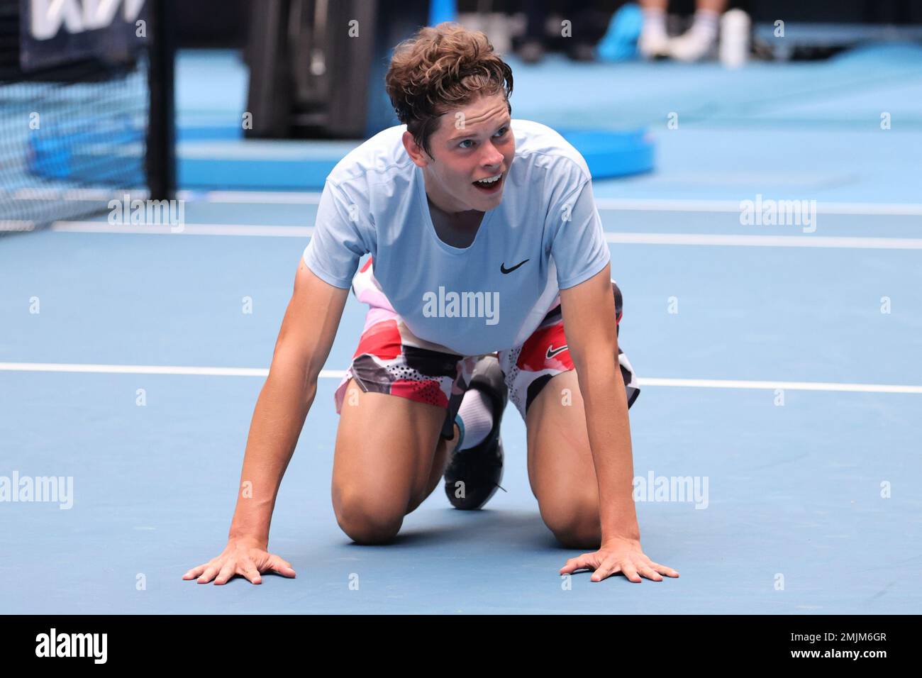 Alexander Blockx of Belgium reacts after defeating Learner Tien of, USA ...