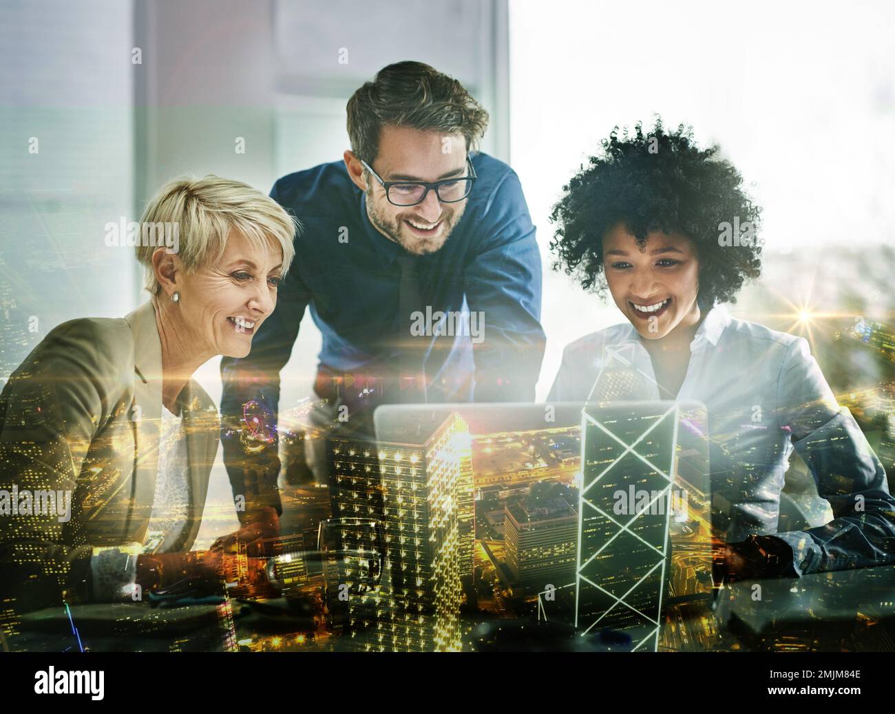 Teamwork, laptop and overlay of business people in office for research ...