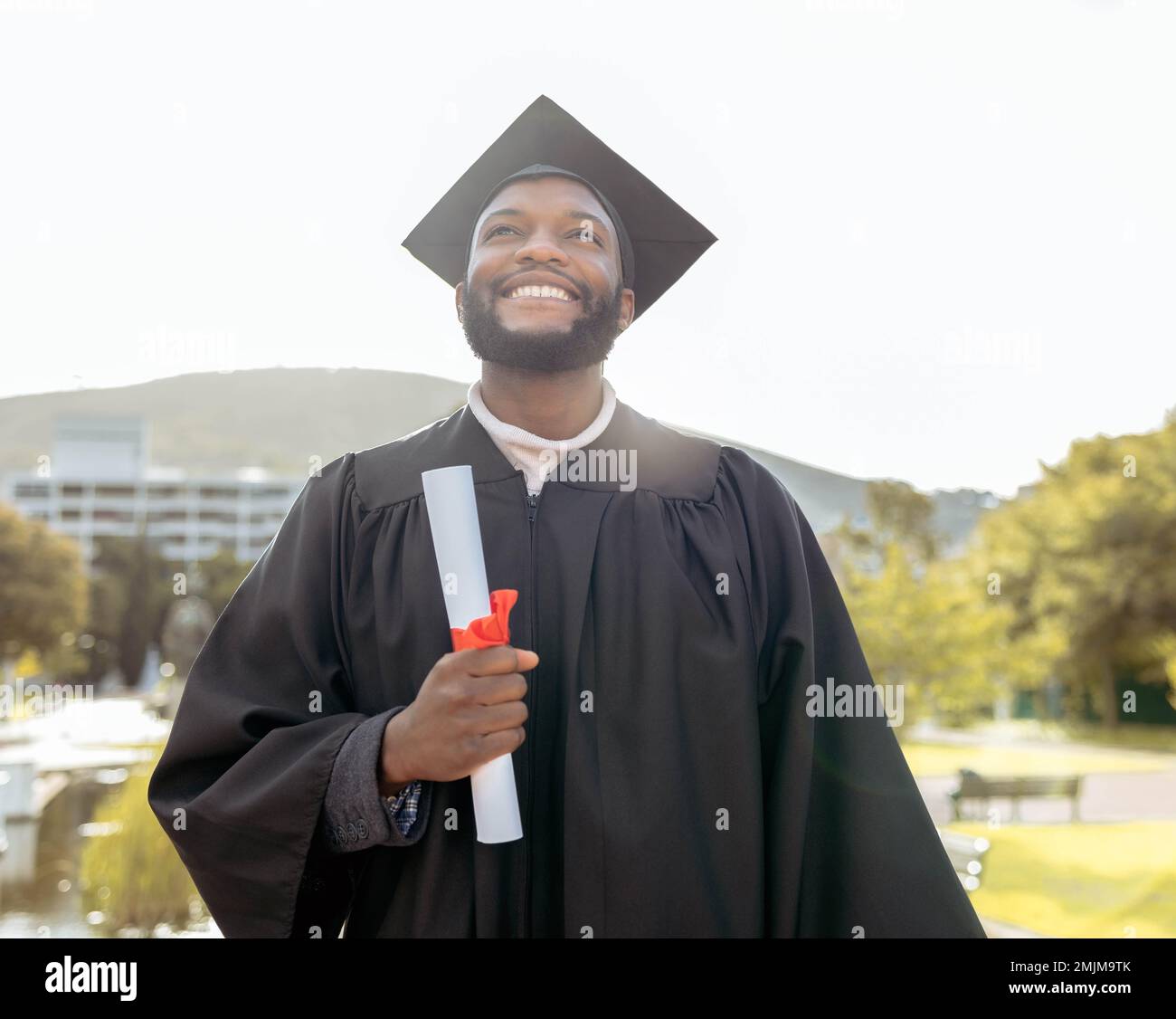 Graduation, black man and thinking of success, achievement and goals at ...
