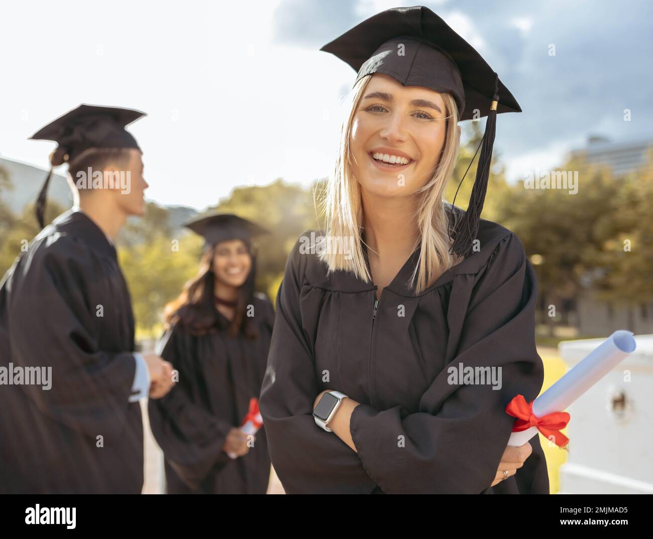 Graduation, students and portrait of woman, certificate and diploma of ...