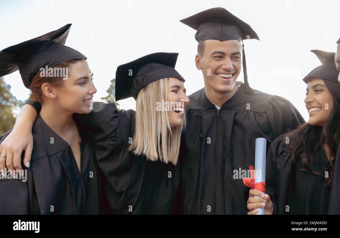 Graduation, friends and diversity of students hug to celebrate success ...