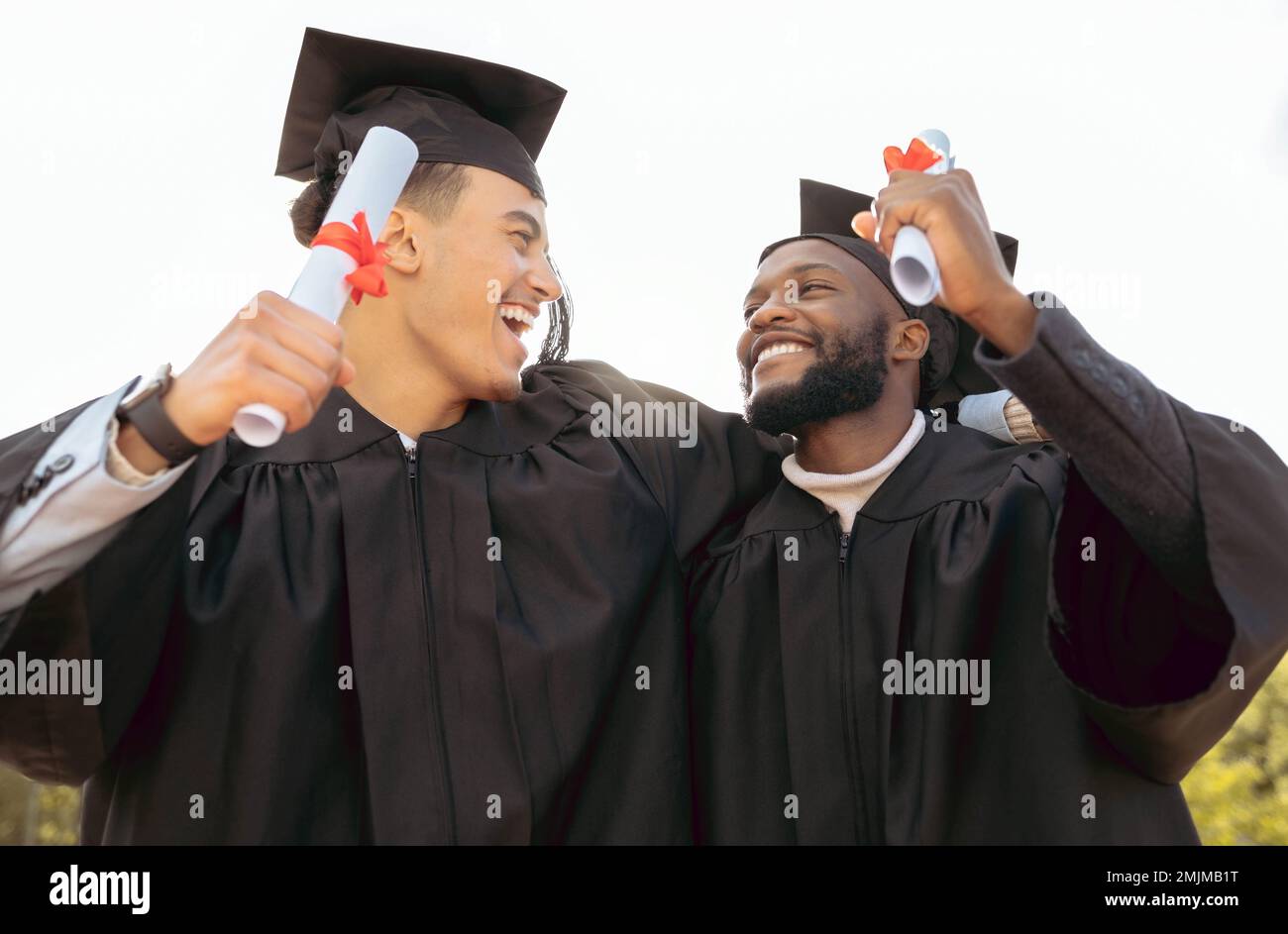 Graduation, celebration and friends with diploma, success and pride ...