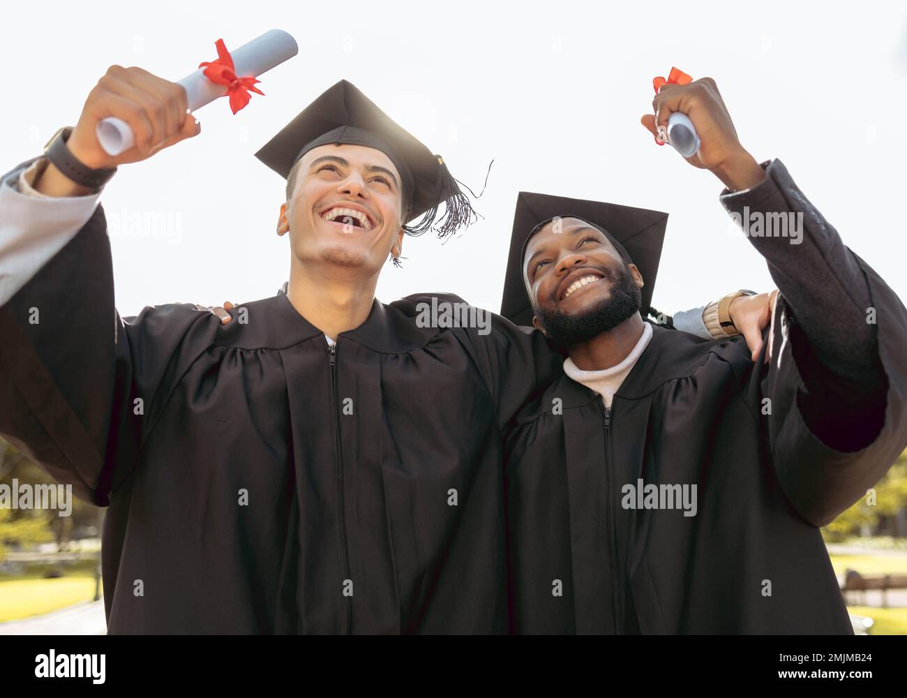 Graduation, friends and pride of success, achievement or goals at ...