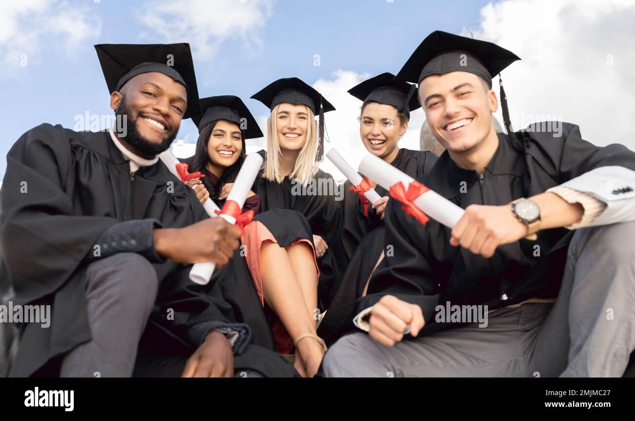 Graduation, group portrait and students celebrate success on sky ...