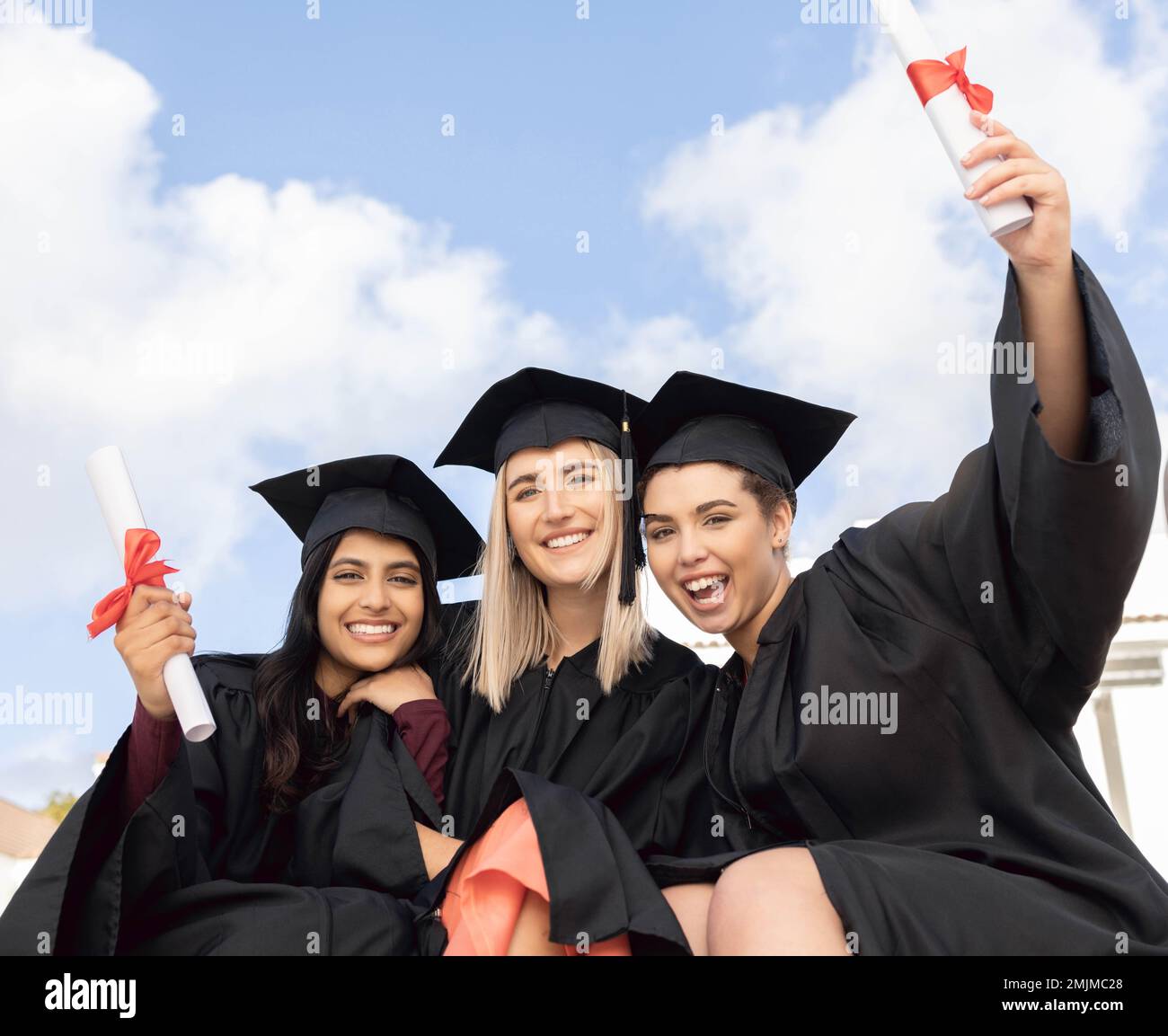 Graduation, smile and portrait of female group of friends celebrate ...