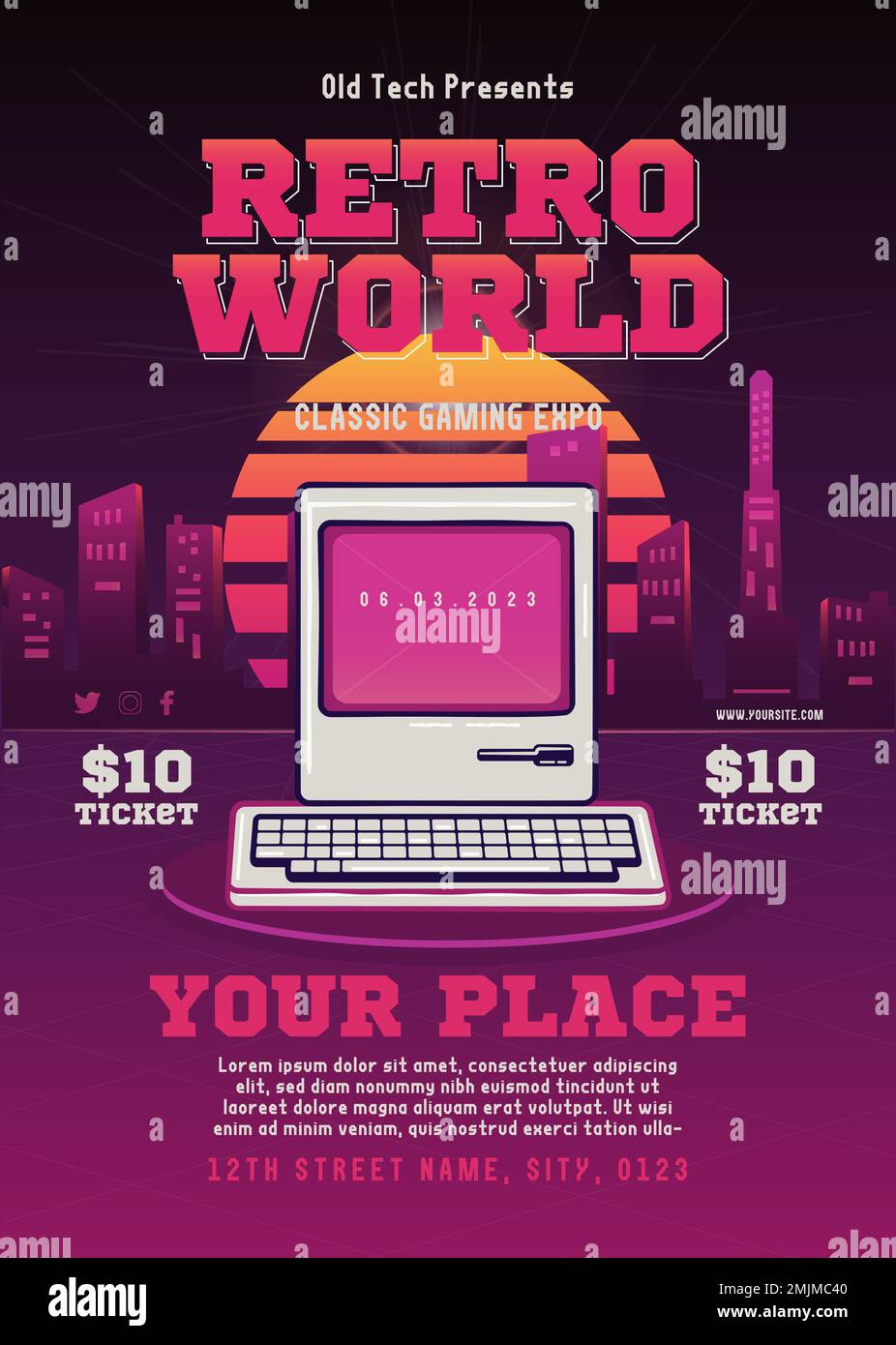 Retro Gaming Flyer template with vintage PC. Vlassic Games Expo ...
