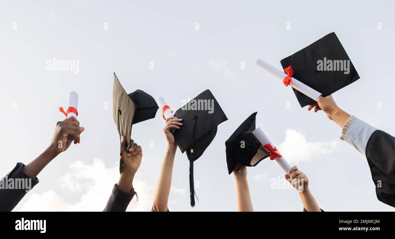Graduation certificate and group of hands in sky with winning success ...