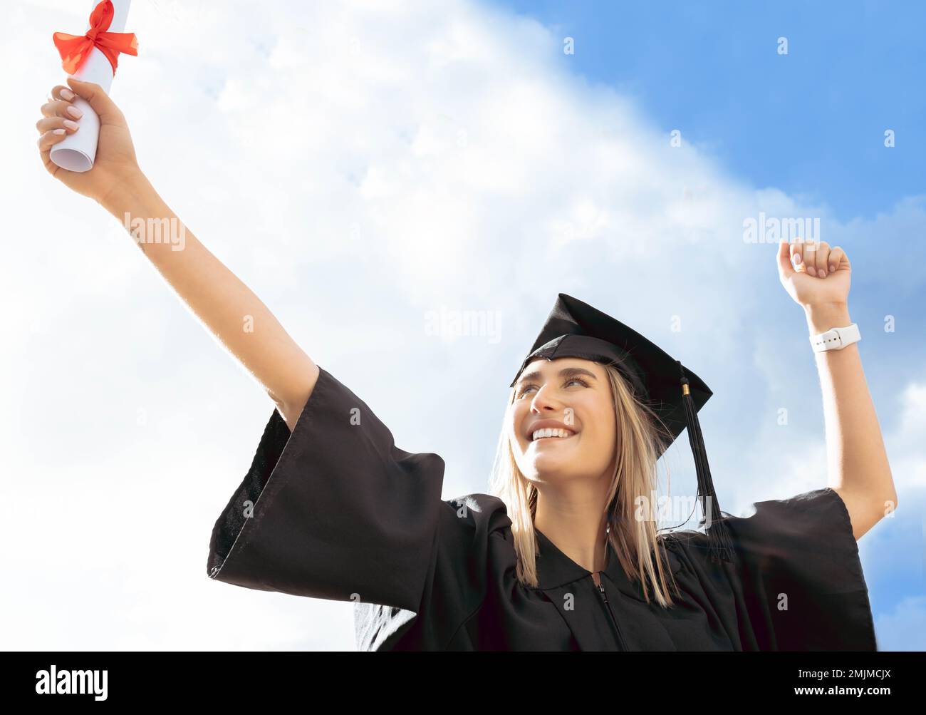 Happy graduation, diploma and woman on sky background for success ...