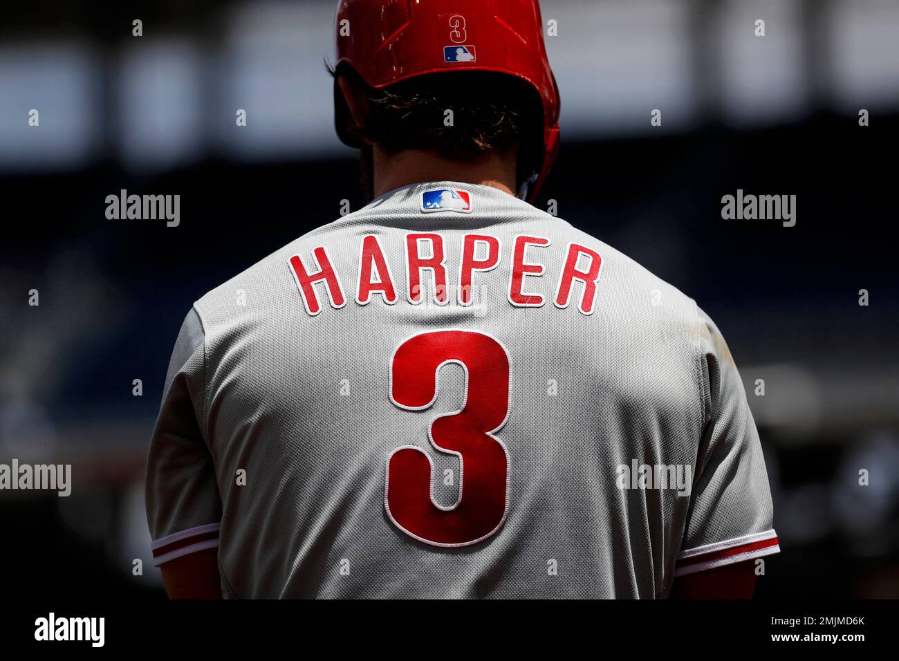 Philadelphia Phillies' Bryce Harper prepares for an at-bat during the first baseball game of a ...