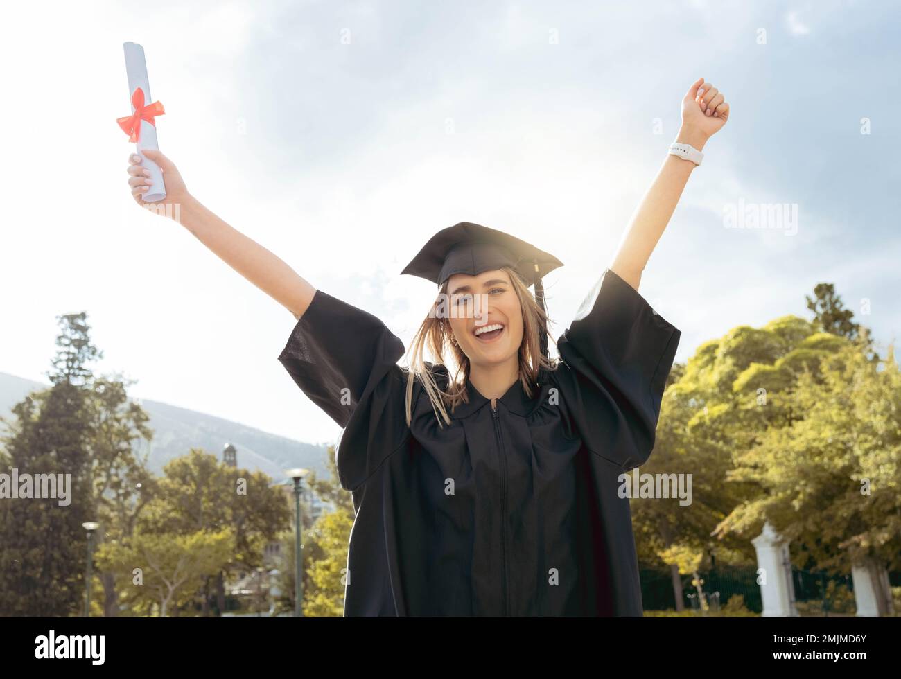 Graduation event, portrait and happy woman celebrate achievement ...