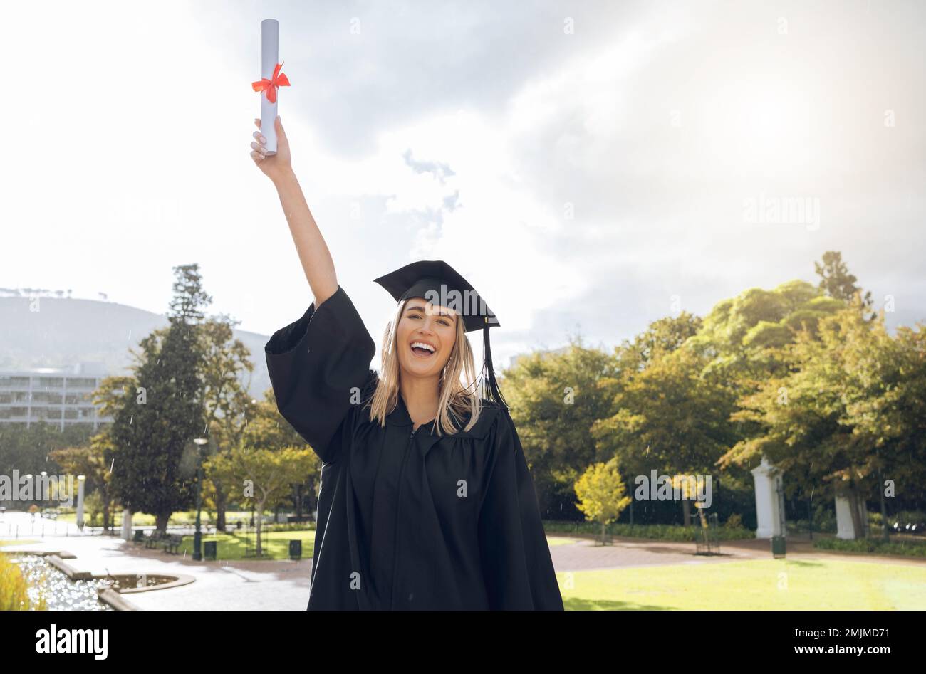Graduation, diploma and portrait of woman, winner and celebration of ...
