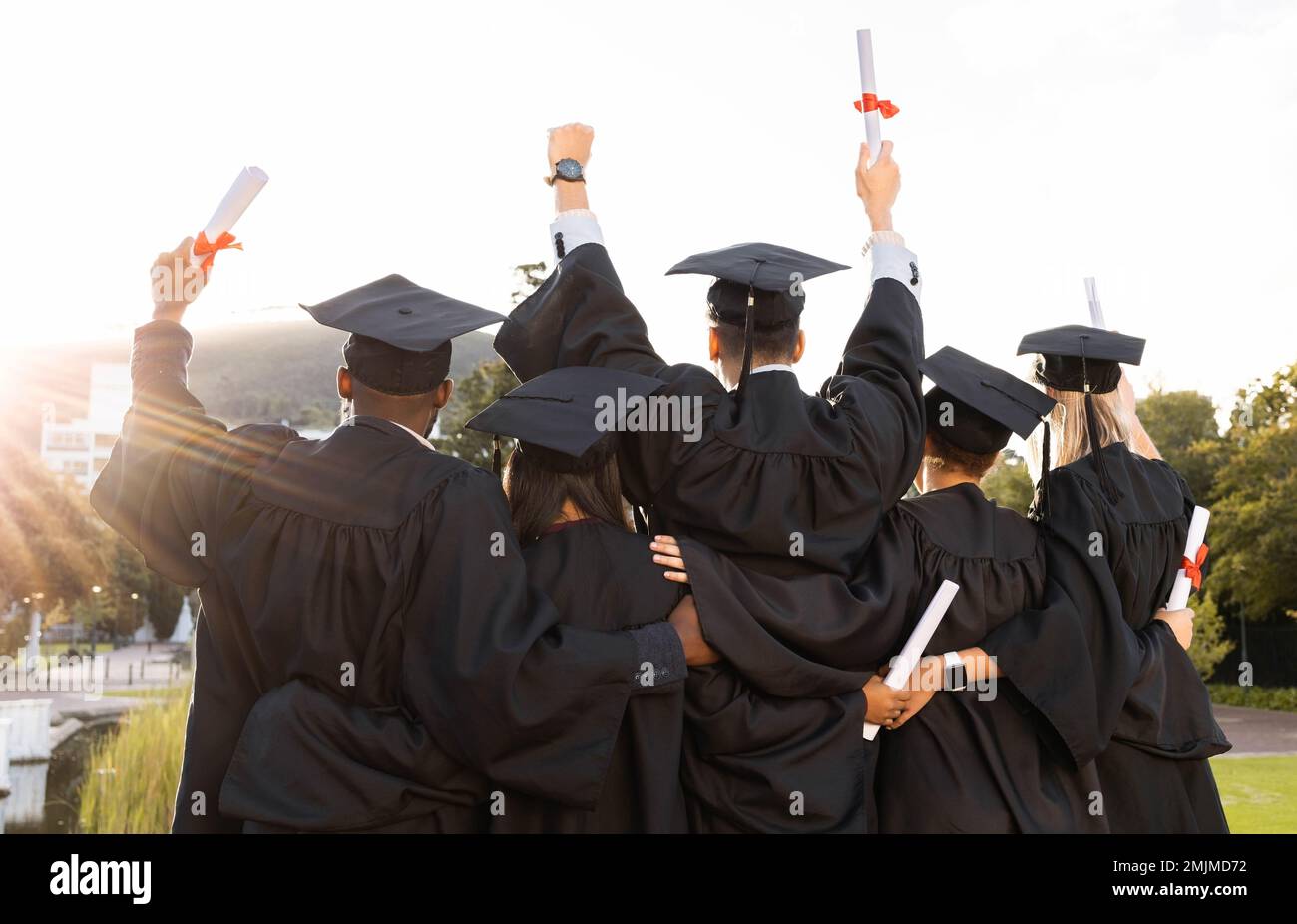 Graduation, group and back view of students celebrate education success ...