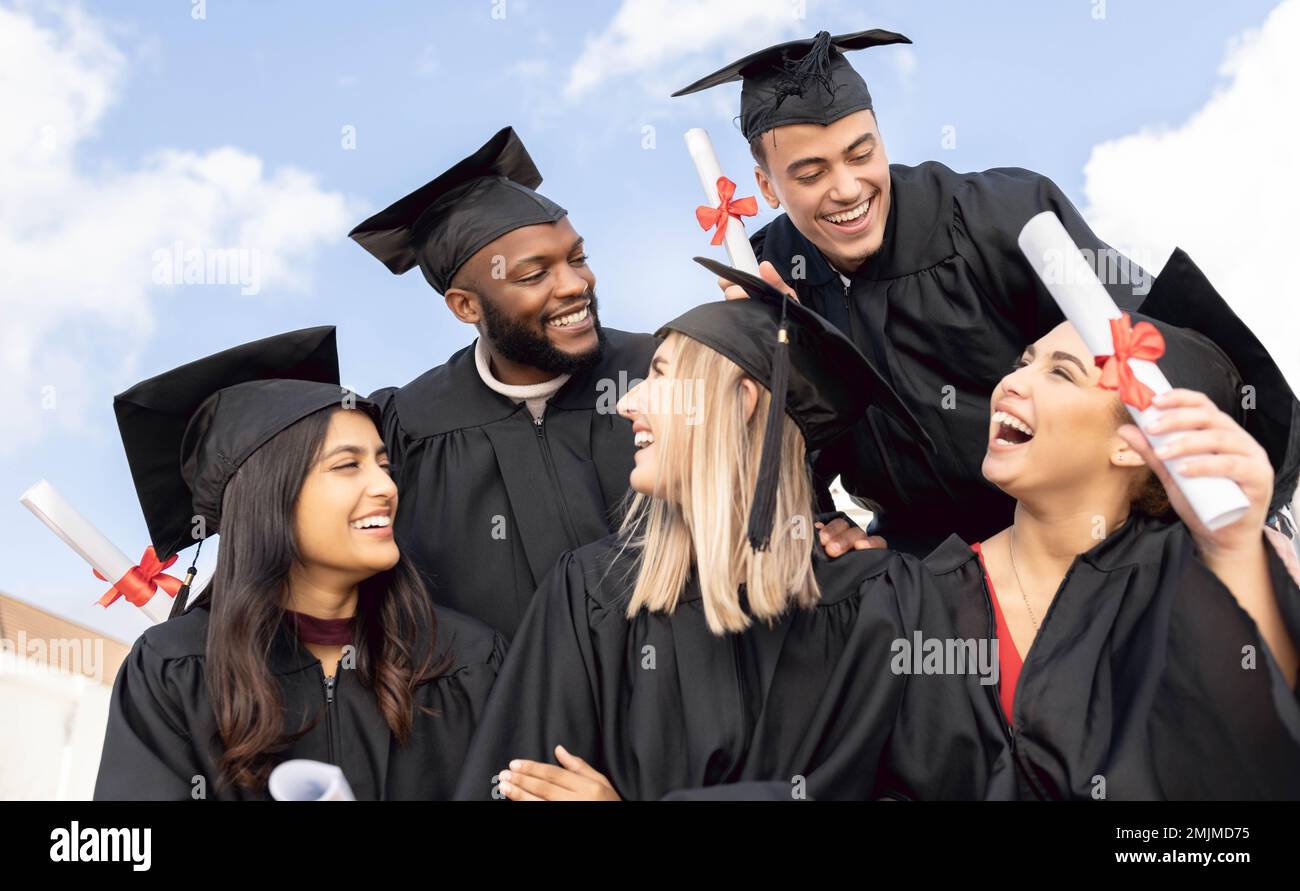 Graduation, happy students and group celebrate education success on sky ...