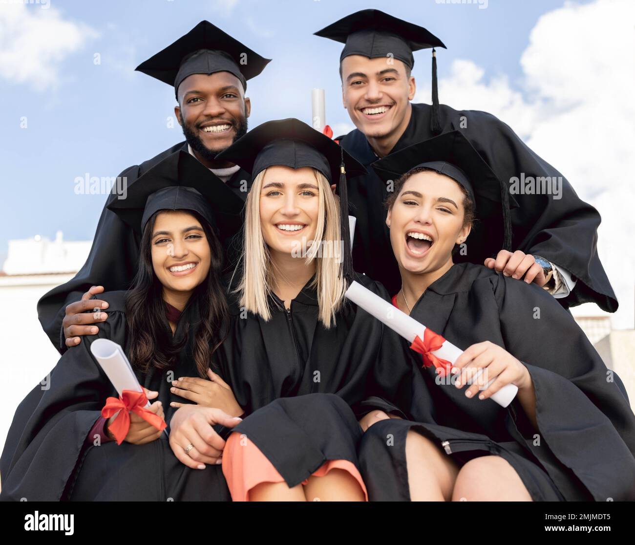 Graduation, student group and happy portrait for success, diversity and ...