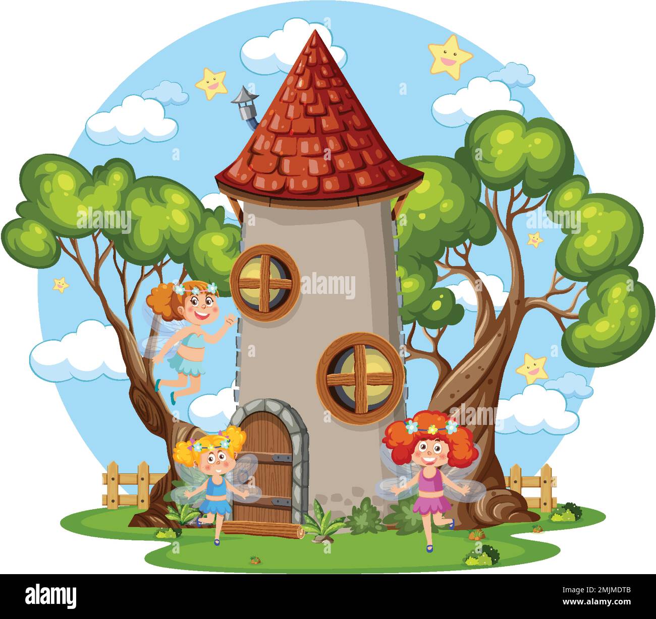 Fairies flying around fairytale tower illustration Stock Vector Image ...