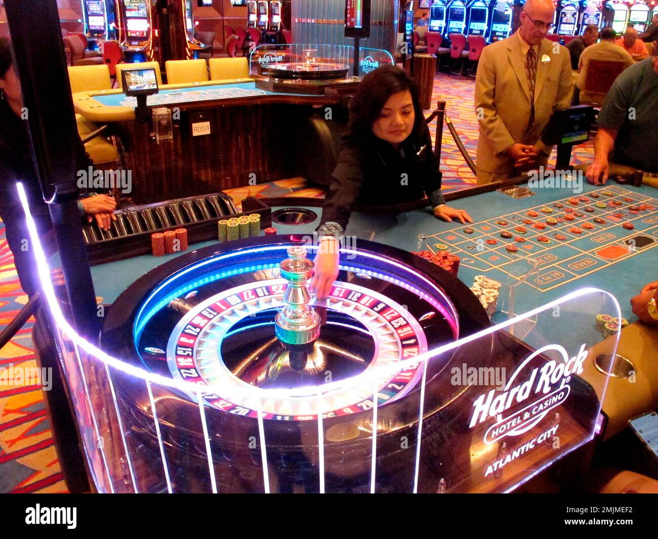 In this June 20, 2019 photo, a dealer throws the roulette ball during a ...