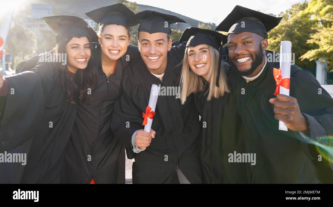 Graduation, happy group and portrait of students celebrate education ...