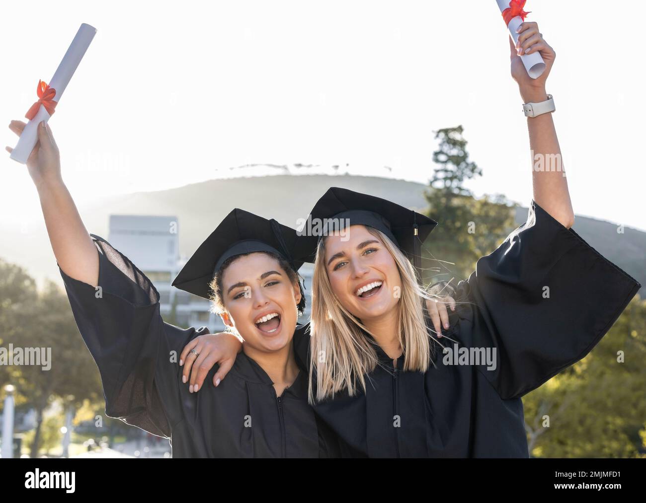 Graduation, celebration and portrait of women cheering for scholarship ...