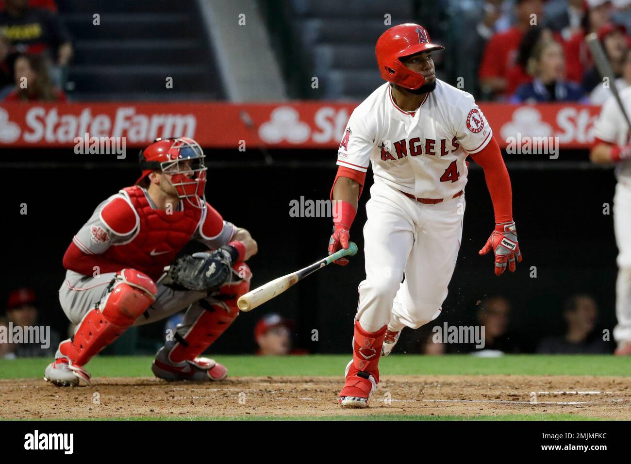 Los Angeles Angels' Luis Rengifo, right, watches his three-run home run ...