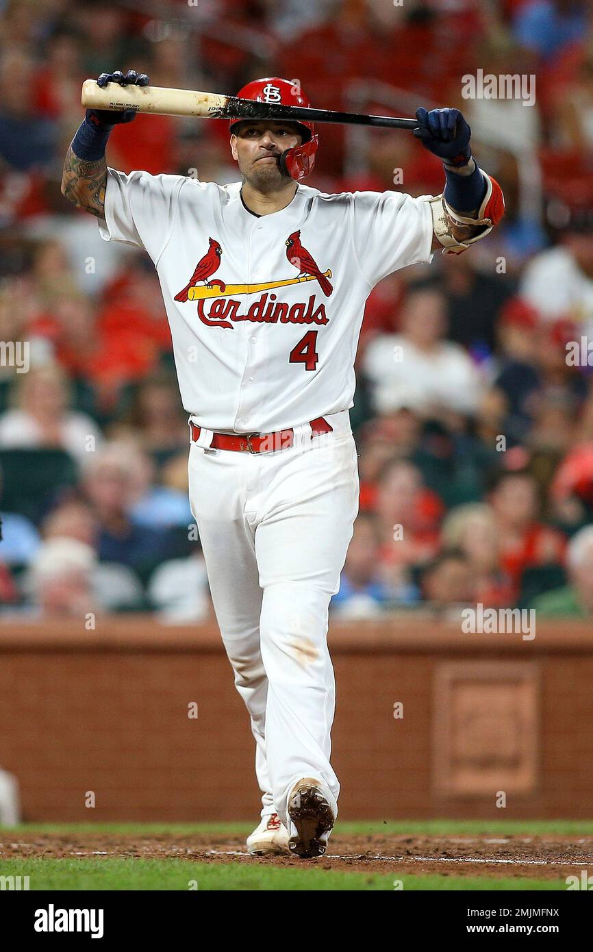 St. Louis Cardinals' Yadier Molina reacts after striking out during the ...