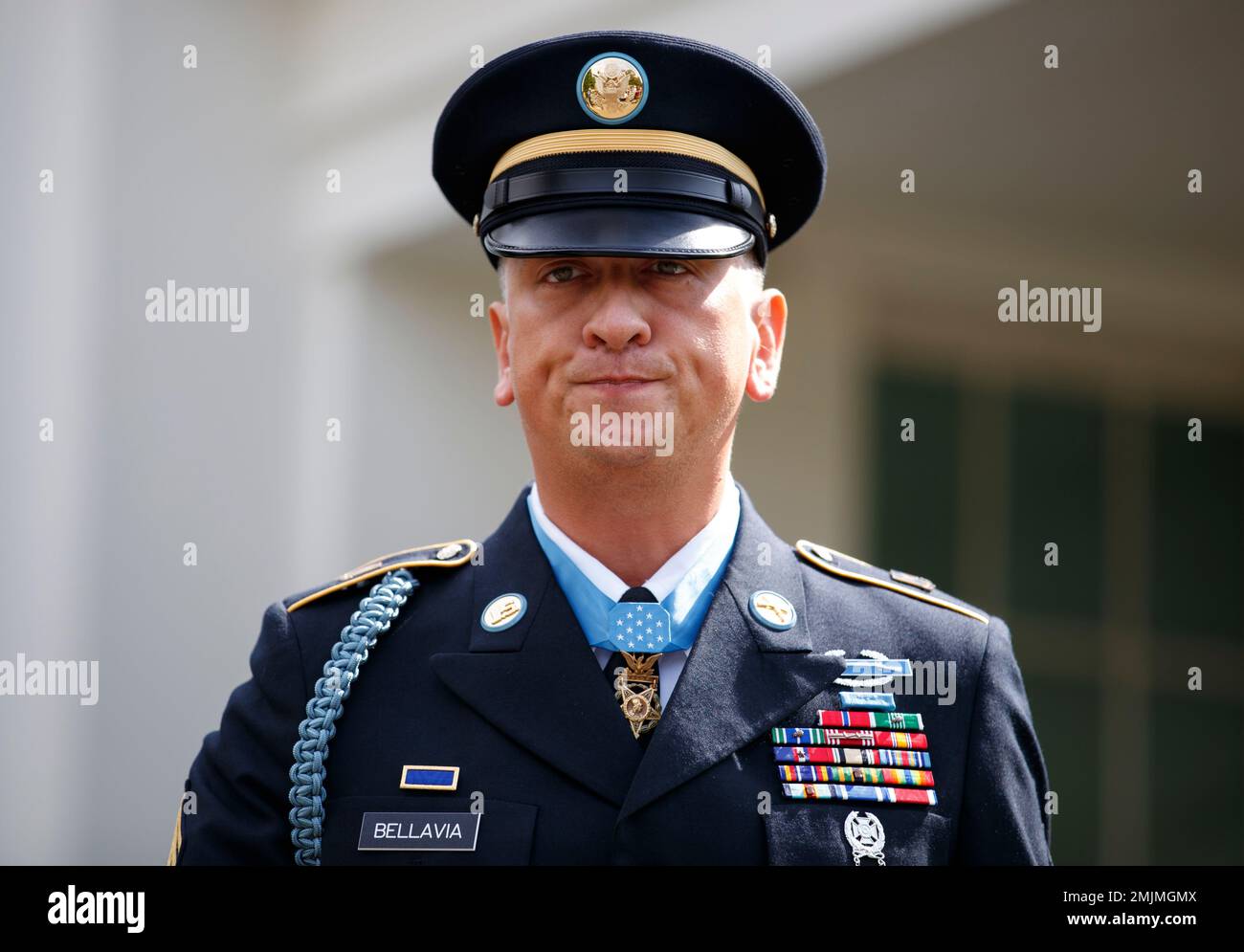 Medal of Honor recipient Army Staff Sgt. David Bellavia arrives to speak to media outside the ...