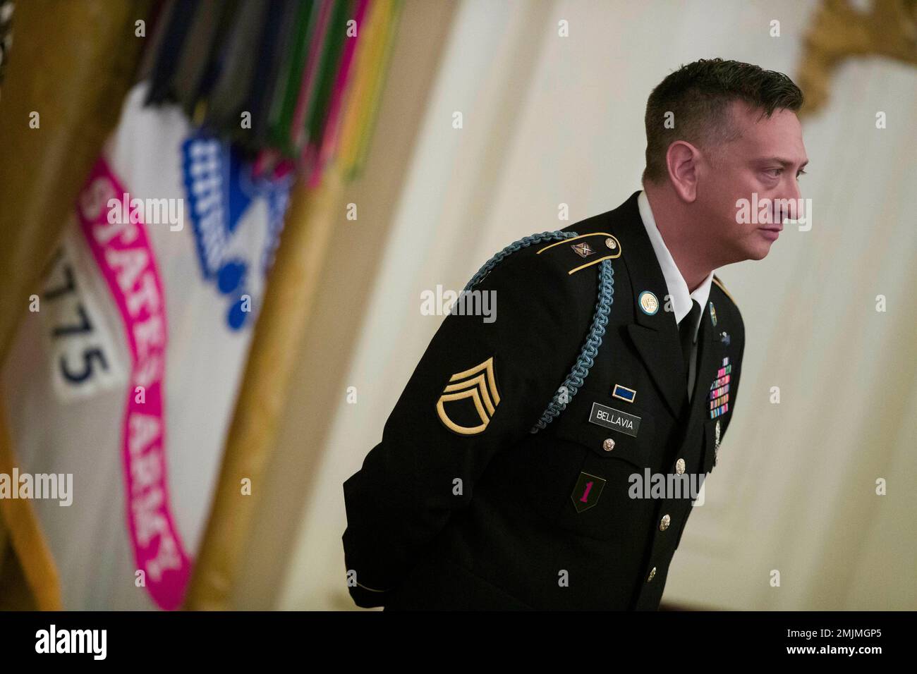 Army Staff Sgt. David Bellavia stands as President Donald Trump speaks ...