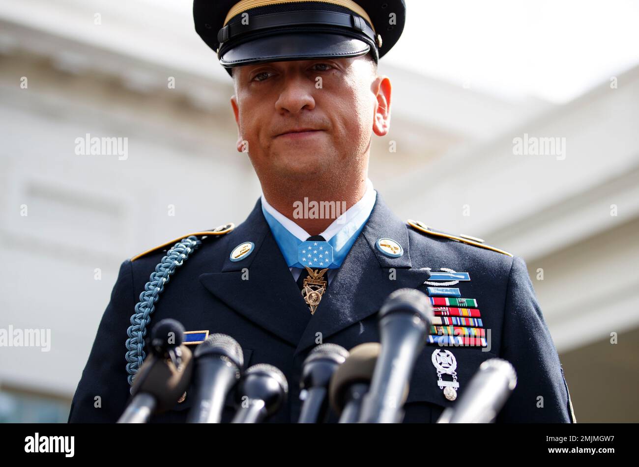 Medal of Honor recipient Army Staff Sgt. David Bellavia pauses as he ...