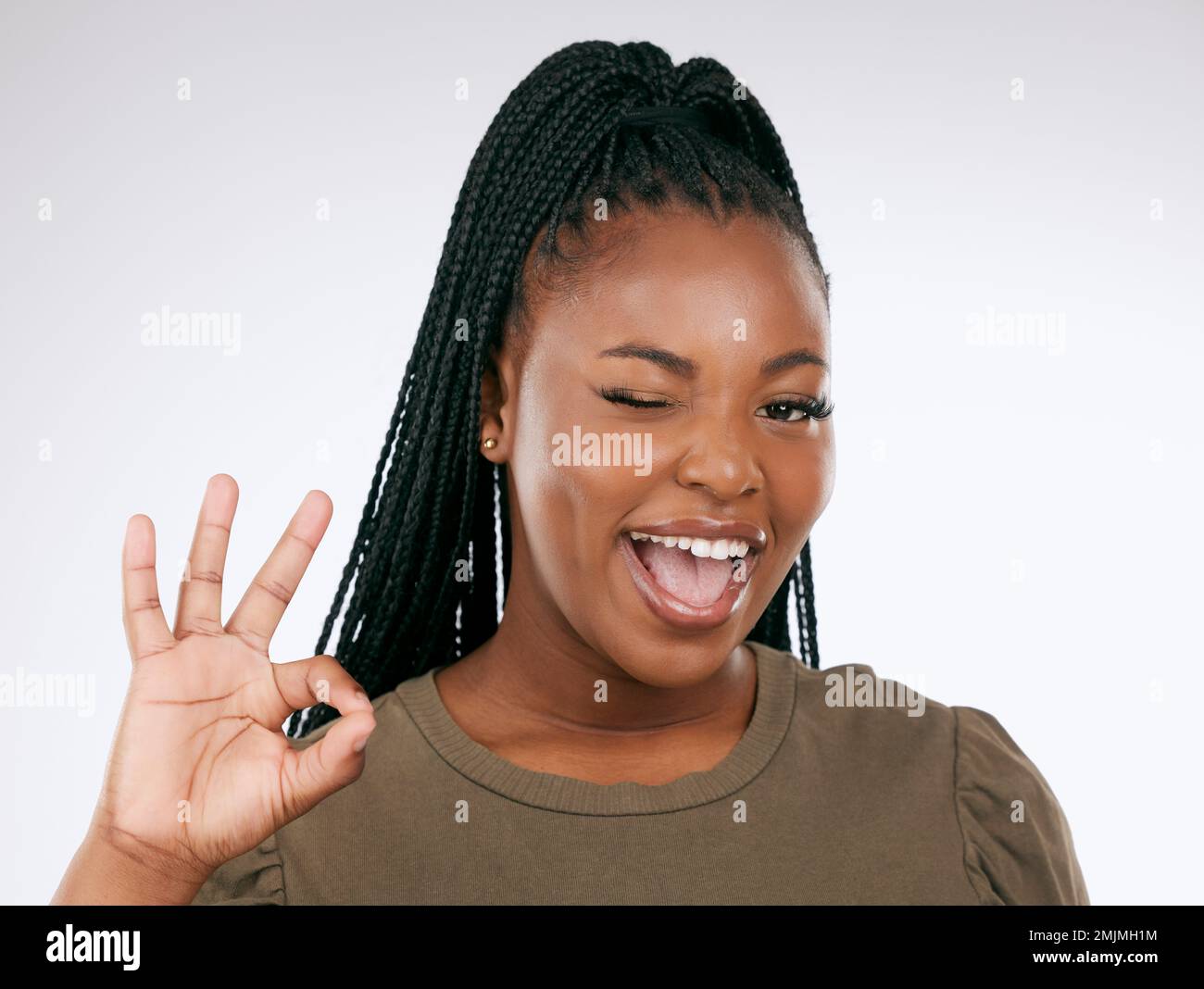Portrait, ok sign and black woman with smile, confident and achievement ...