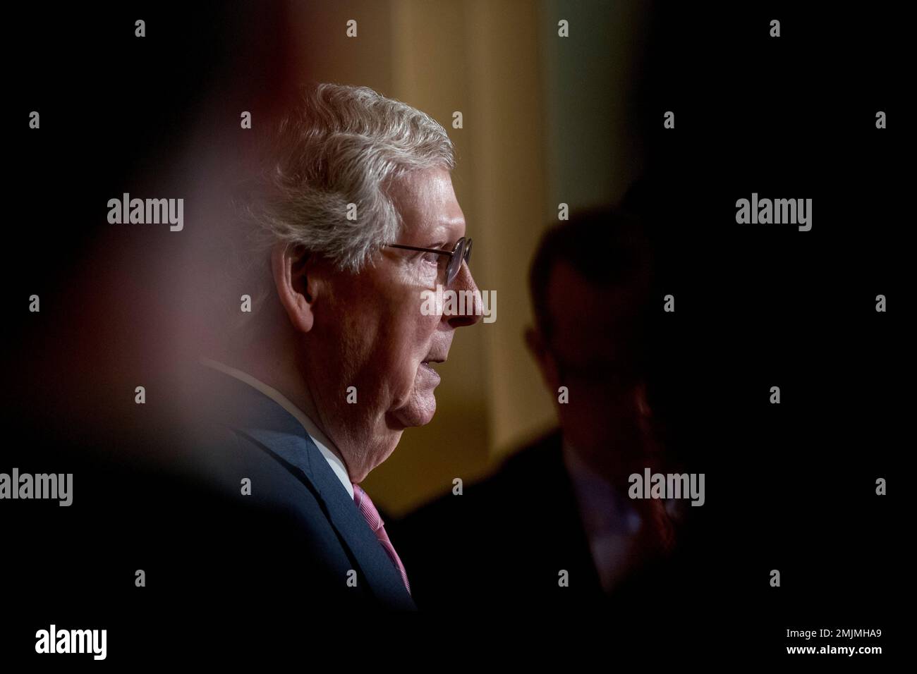 Senate Majority Leader Mitch McConnell of Ky., speaks to members of the ...