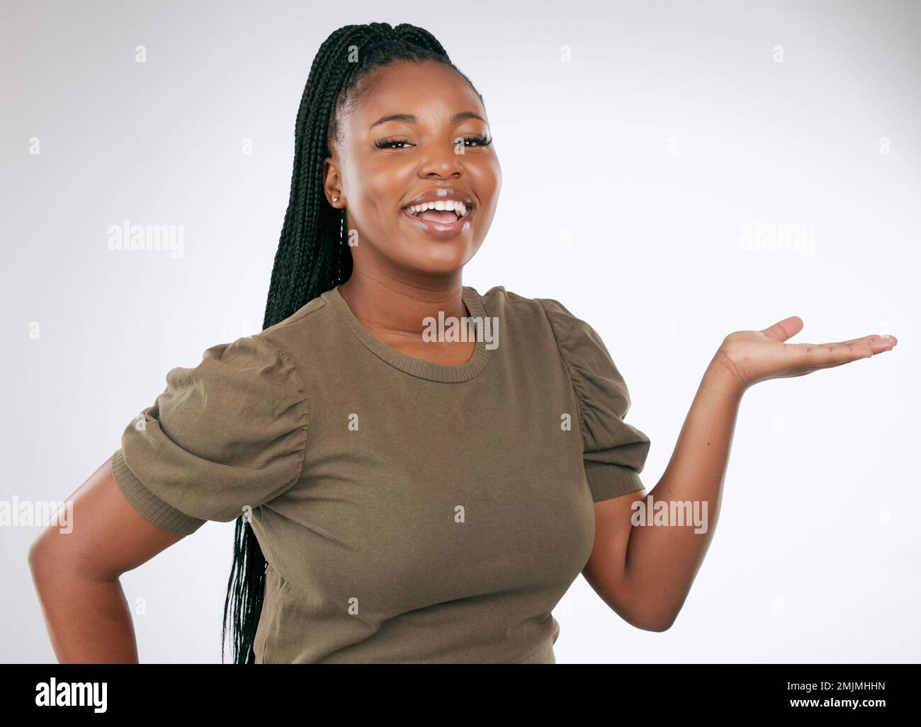 Mockup, portrait and black woman palm on studio background, advertising ...