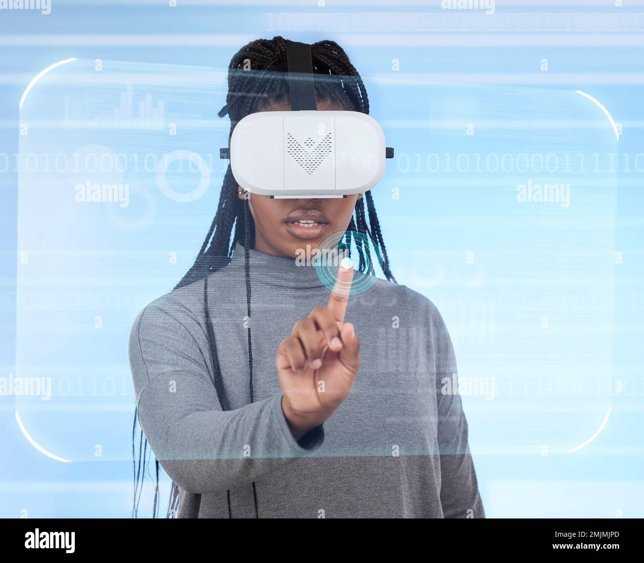 Vr, augmented reality and digital with black woman and 3d for future ...