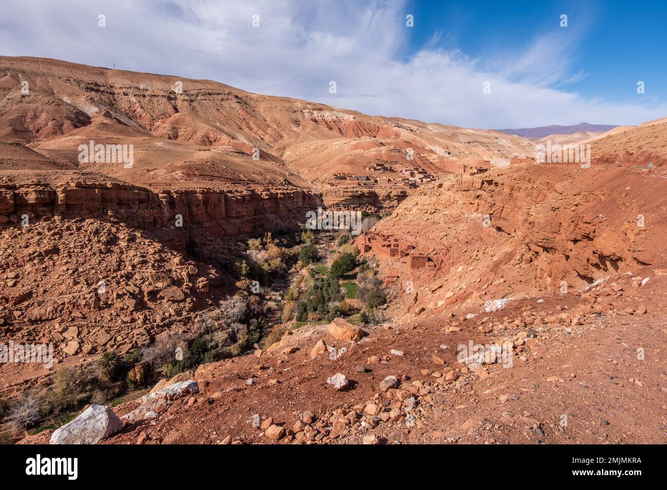 View of a village with steep dirt path into the dry arid valley Stock ...