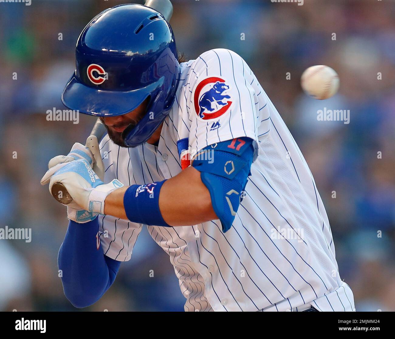 Chicago Cubs' Kris Bryant is hit by a pitch thrown by Atlanta Braves ...