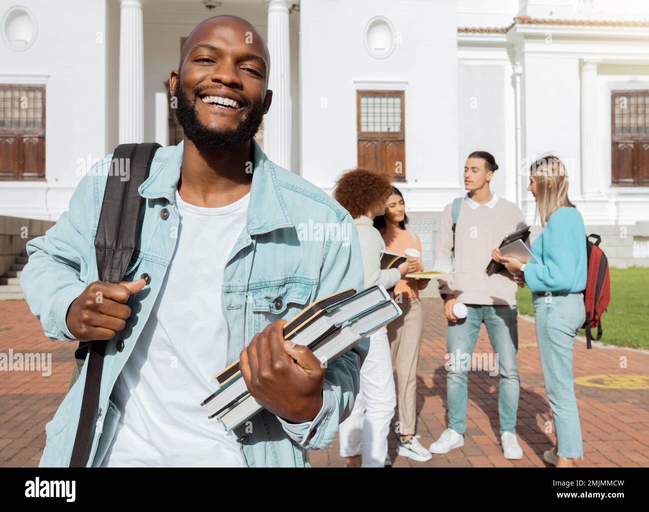 Portrait, black man and students on campus, outdoor and conversation ...