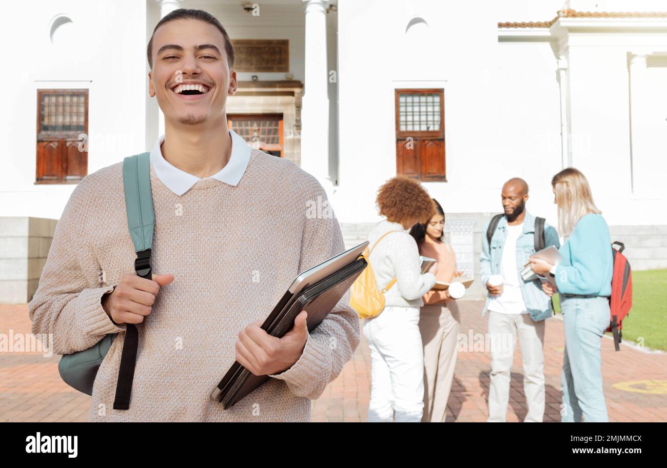 Campus, university and student portrait with outdoor community, happy ...