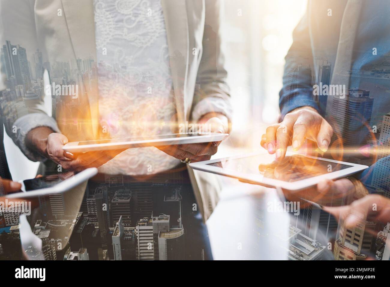 Hands, tablet and group overlay of business people networking on ...