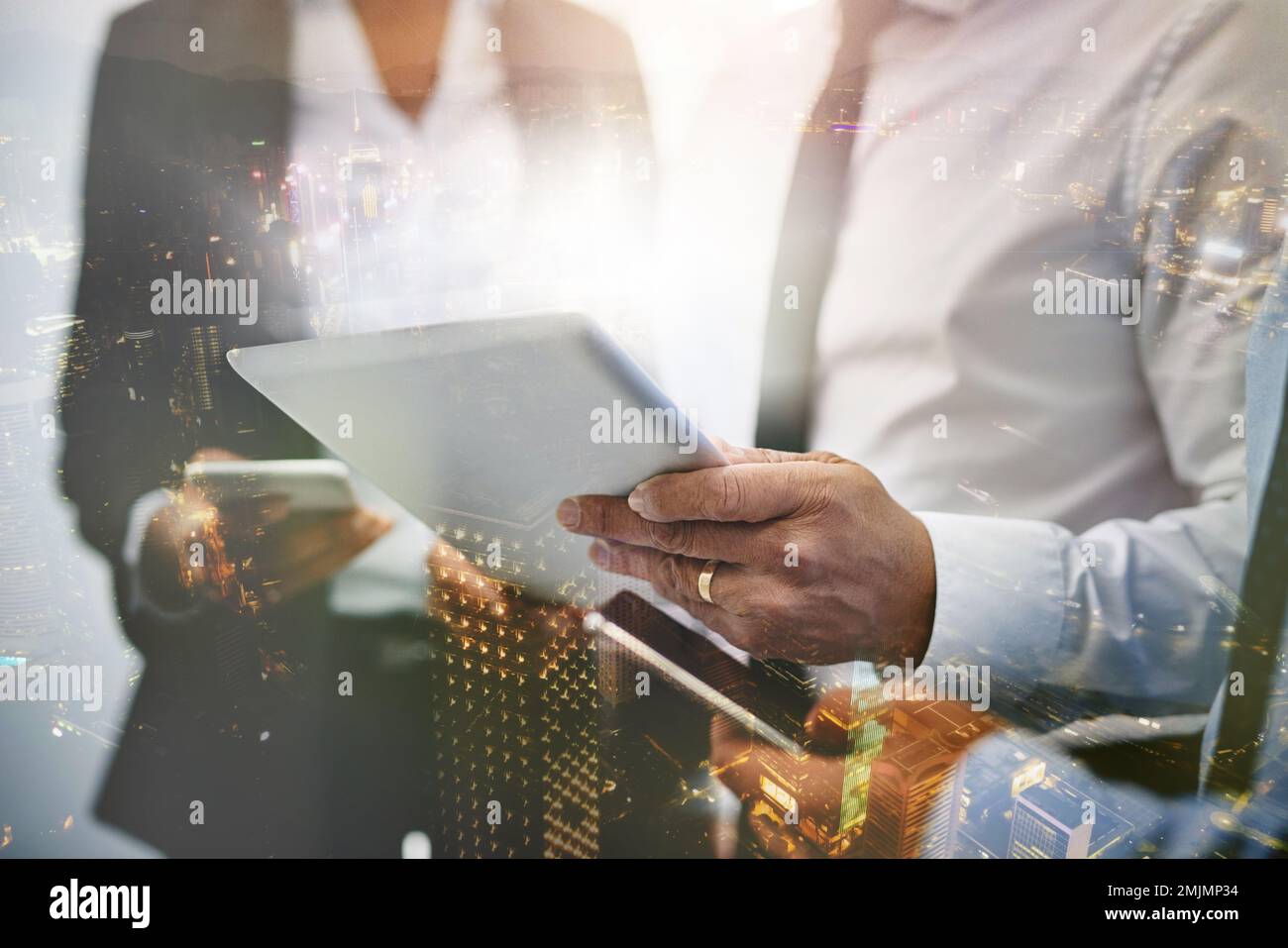 Hands, tablet and overlay of business people with phone for research ...
