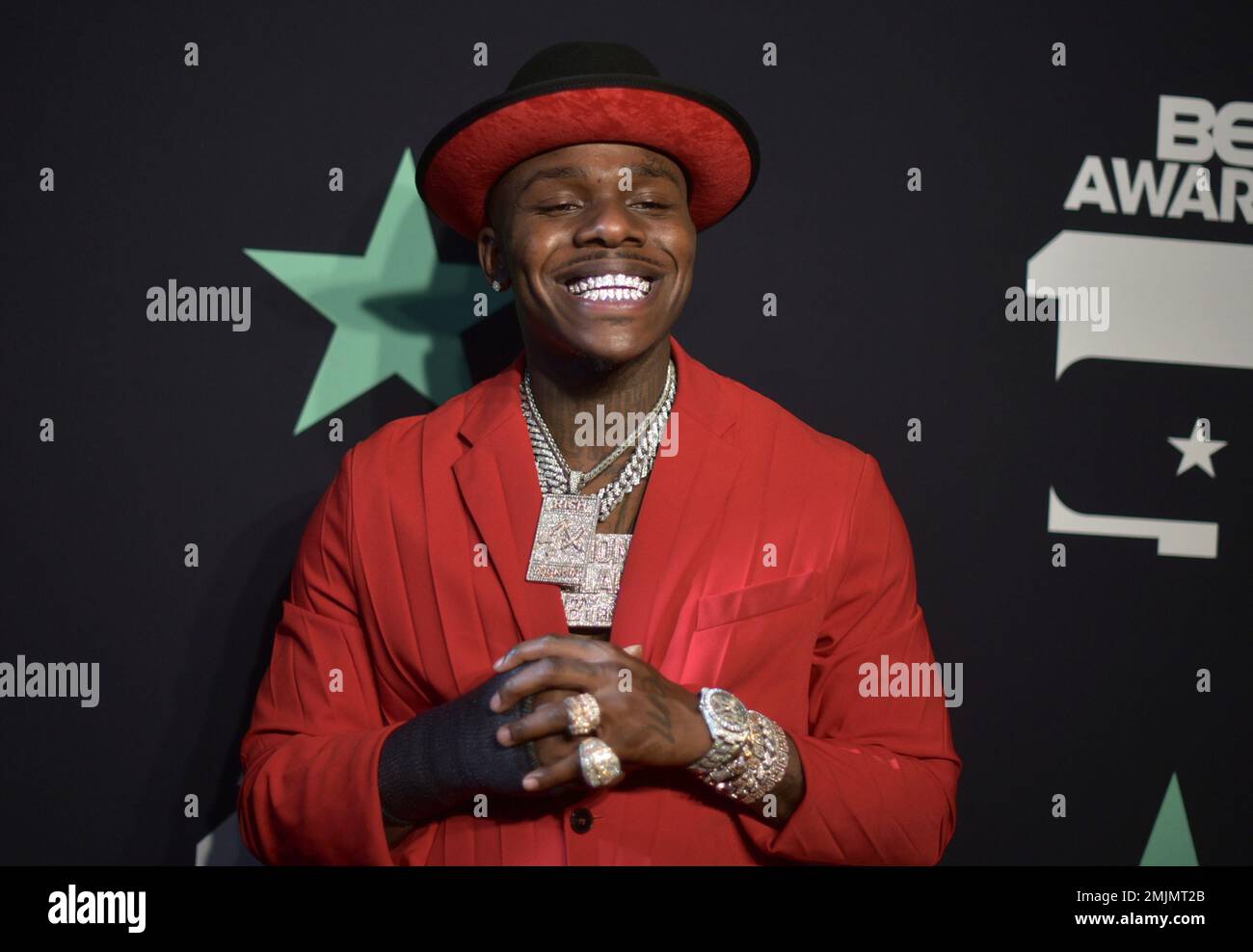 DaBaby poses in the press room at the BET Awards on Sunday, June 23 ...