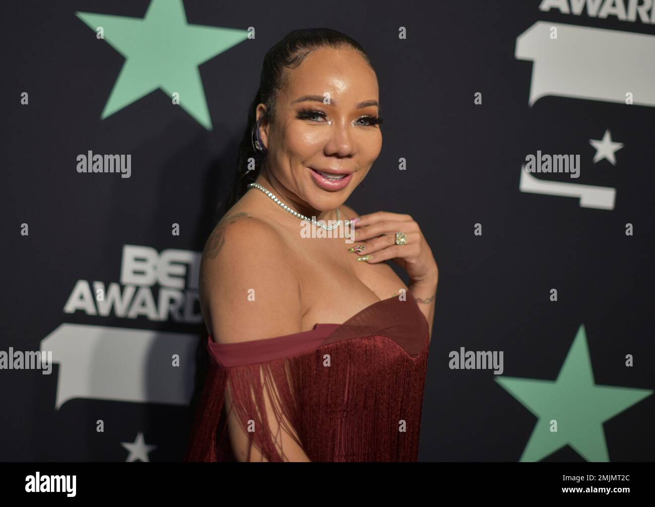 Tameka Cottle poses in the press room at the BET Awards on Sunday, June ...