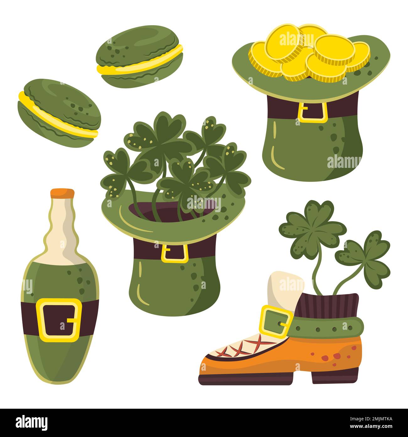 set of green illustrations leprechaun hat with coins of saint patrick ...