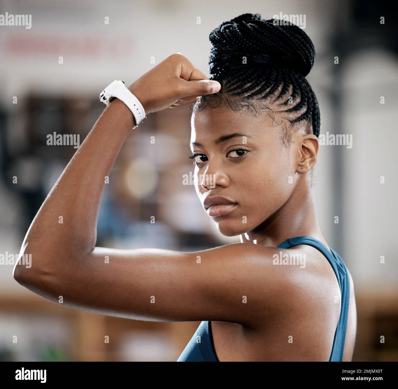 Portrait, fitness or black woman with strong biceps muscle or body ...