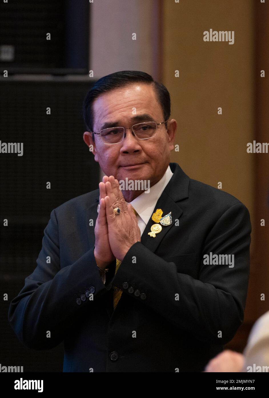 Thailand Prime Minister Prayuth Chan-ocha greets as he arrives to speak ...